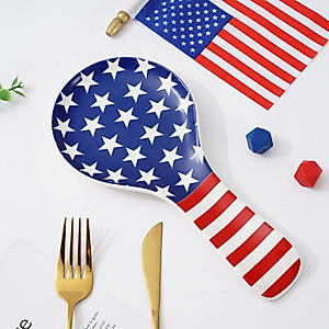 Whaline Patriotic Spoon Rest American Flag Ceramic Spoon Holder 4th of July Star Stripe Sauce Dishes Ring Dish for Independence Day Kitchen Office Party Decor