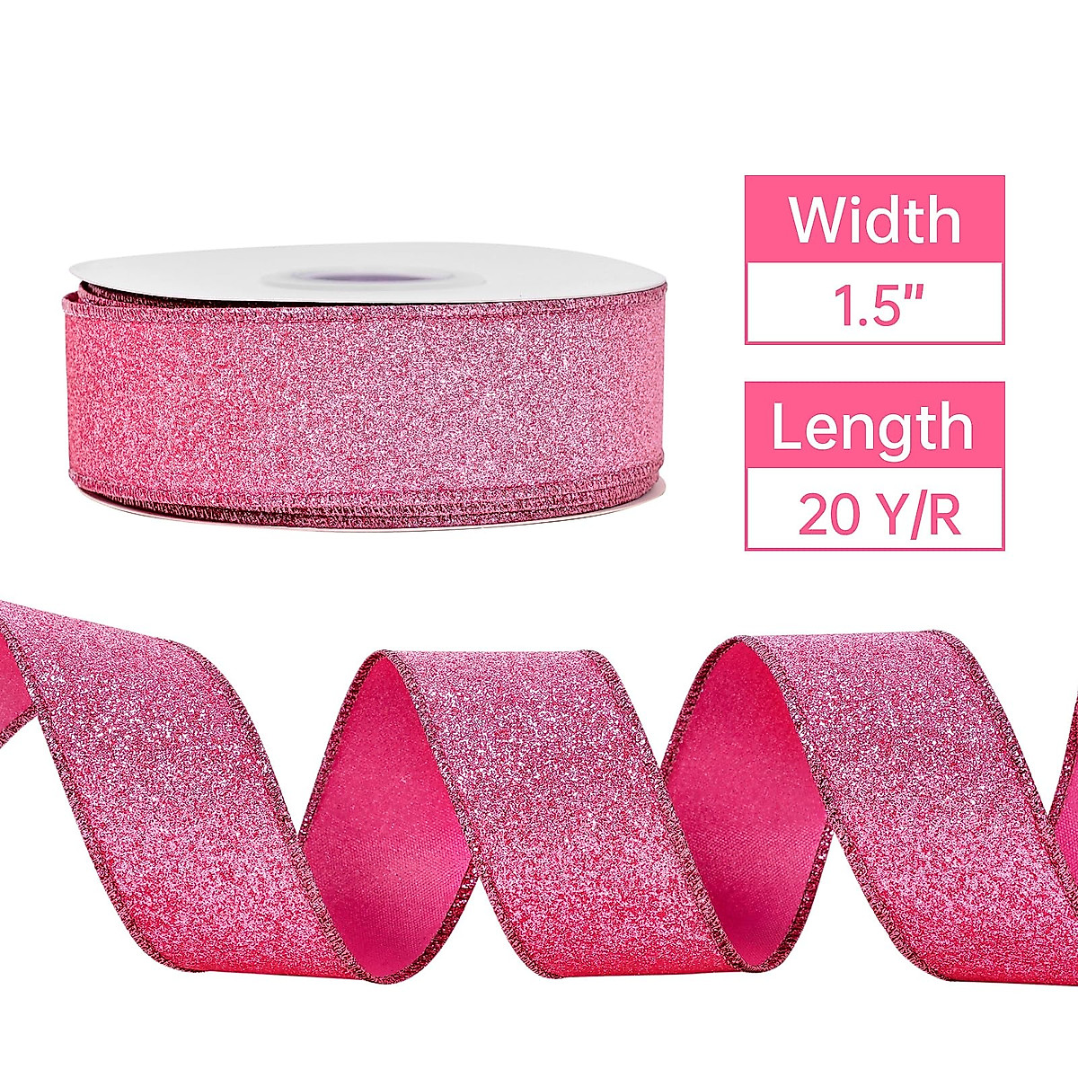 YAMA Glitter Wired Ribbon, Pink, 1-1/2 inch x 20 Yards, for Christmas, Gift Wrapping, Wreath, Crafts, Bow Making and Party Decoration
