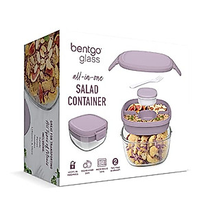 Bentgo® Glass All-in-One Salad Container - Large 61-oz Salad Bowl, 4-Compartment Bento-Style Tray for Toppings, 3-oz Sauce Container for Dressings, and Built-In Reusable Fork (Lavender)