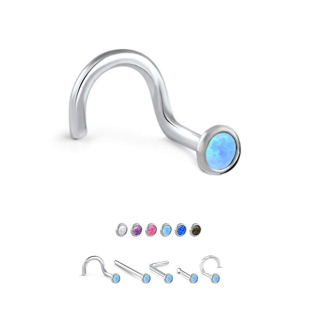 316L Surgical Steel Right Nose Screw Nose Stud Ring 2mm Faux LightBlue Opal Stone 20G