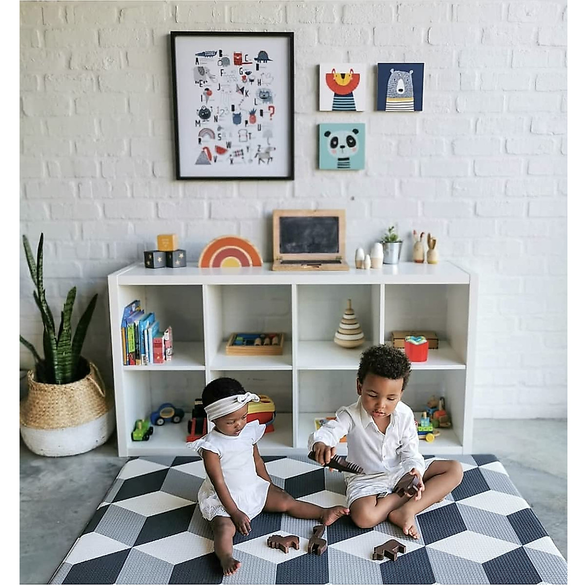 Large Waterproof Thick Padded Foam Baby Play Mat for Infants, Babies, Toddlers - for Play, Crawling & Tummy Time - 70 x 59 in. - Reversible, Double-Sided, Non-Toxic, Non-Slip Playmat - Grey Geo/Stripe