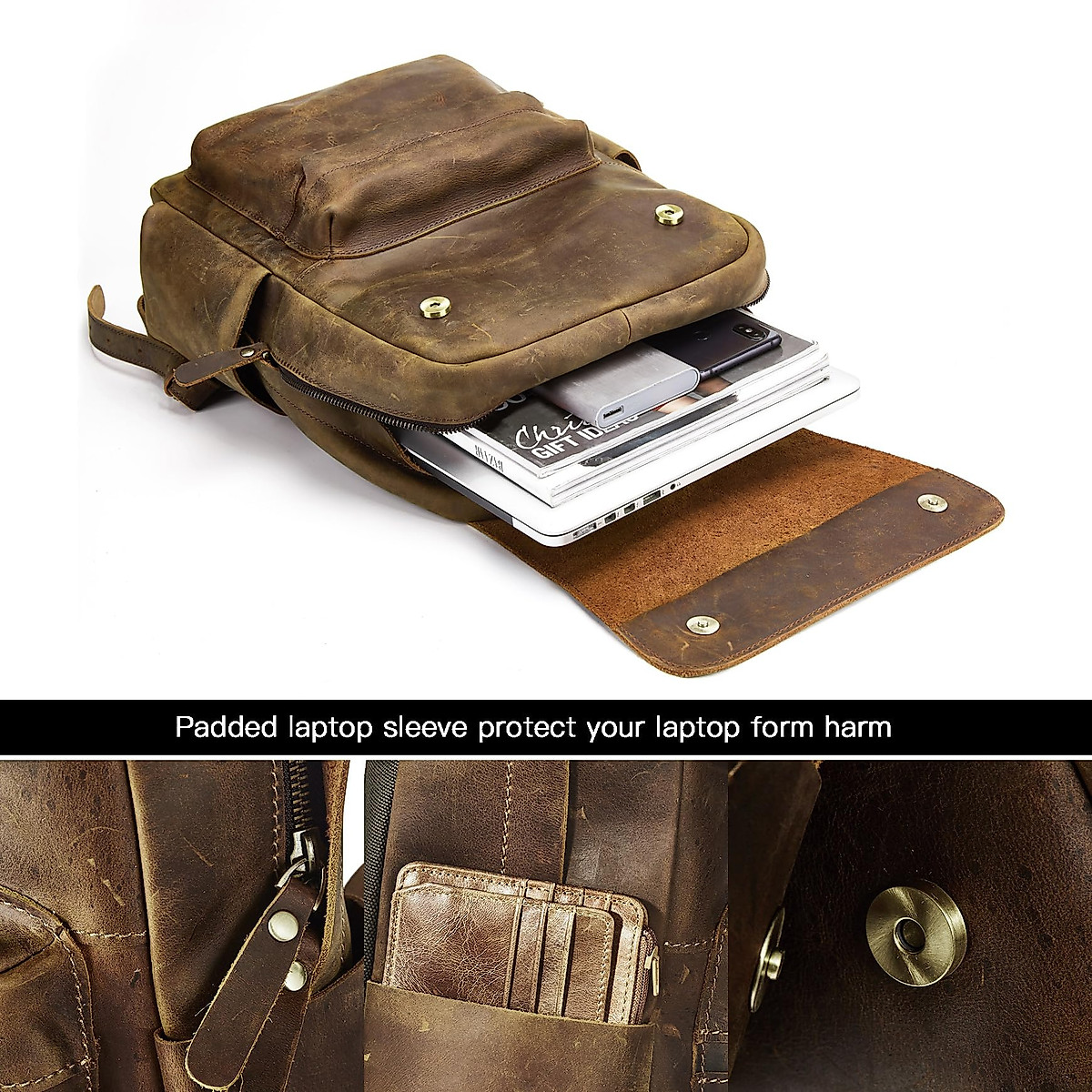 BRASS TACKS Leathercraft Leather Rucksack Backpack Casual Travel Satchel Bag Daypack For Men Women 15.6 inch Laptop Bookbag