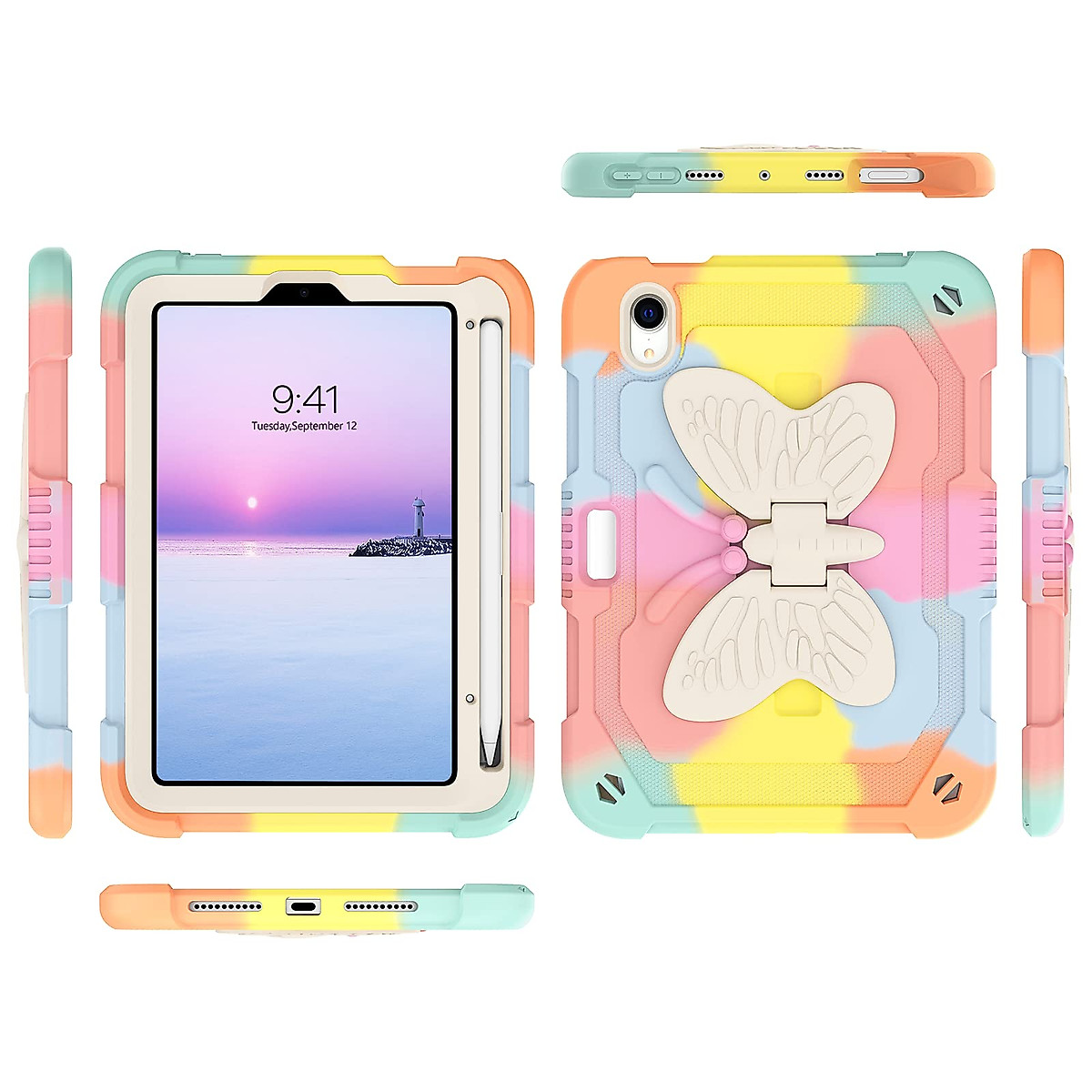 BENTOBEN for iPad Mini 6 Case, iPad Mini 6th Generation Case 2 in 1 Heavy Duty Rugged Shockproof Kickstand Hybrid Bumper Protective Pencil Holder Girls Women Kids Mini 6 Tablet Cover, Colorful Design