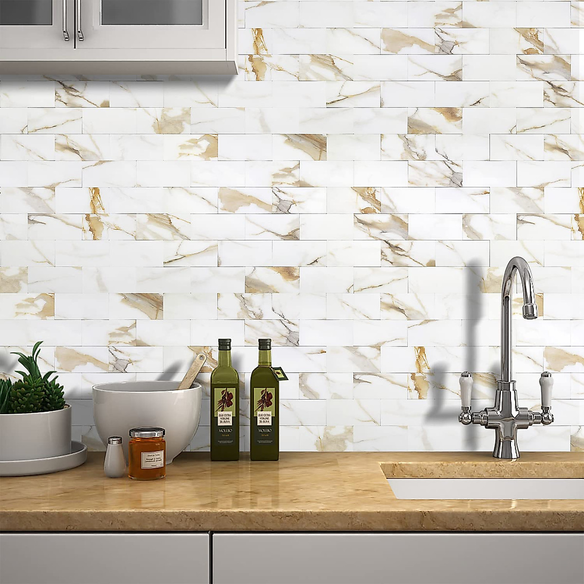 STICKGOO 10-Sheet Peel and Stick Backsplash for Kitchen, Stick on Kitchen Backsplash PVC Wall Tile, Calacatta Golden Self Adhesive Subway Tile