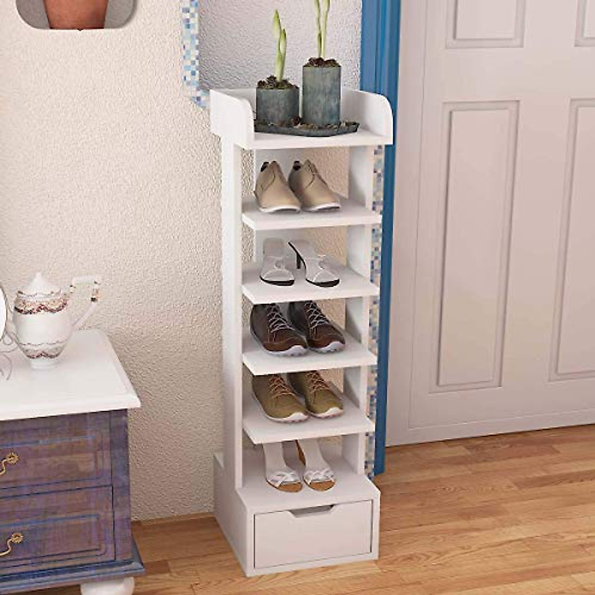 Waktavel Shoe Rack Organizer, Wooden 5 Tiers Vertical Shoe Rack with Drawer and Open Top, Space Saving Small Shoe Storage Stand for Entryway Hallway Bedroom (White Shoe Rack 5 Tier)
