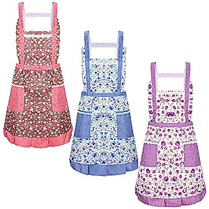 Zhanmai 3 Pieces Women Floral Aprons Kitchen with Pockets Soft Chef Aprons Girls Cooking Aprons for Cooking Gardening Size Small to Medium (Purple, Blue, Peach)