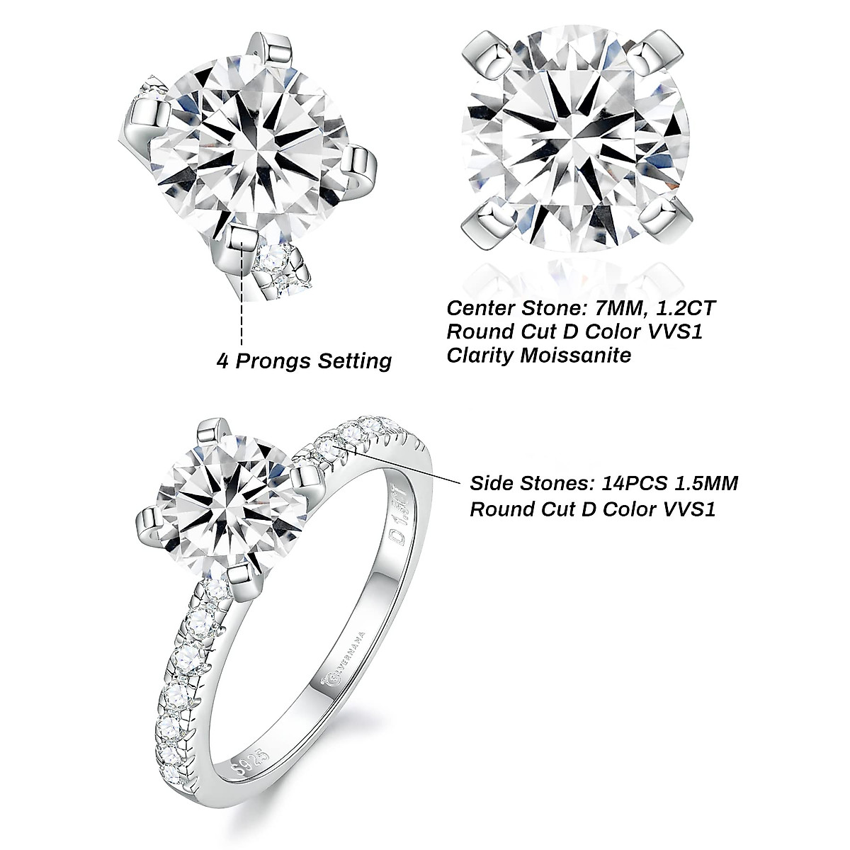 SILVERNANA 1.2 CT Moissanite Engagement Ring for Women Sterling Silver Round Cut Solitaire Moissanite Wedding Promise Ring Size 7.5