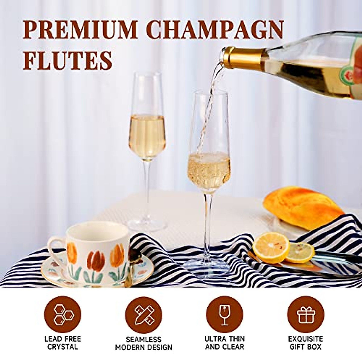 RorAem Champagne Flutes - Hand Blown Champagne Flutes Set of 4 Modern Champagne Glasses Crystal Champagne Flute Gifts for Wedding Birthday Party 8oz