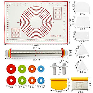 Rolling Pin with Adjustable Thickness Rings Stainless Steel 17.5" Dough Roller, 24"x16" Nonstick Silicone Pastry Mat Bench Dough Scraper Pizza Cutter Cake Smoothers Set for Baking Cookie Fondant Pie