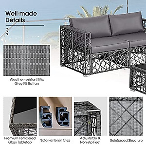Tangkula 5 Pieces Patio Furniture Set, Patiojoy All Weather Heavy Duty Outdoor PE Rattan Wicker Sectional Cushioned Sofa Set with Tempered Glass Coffee Table and Ottoman for 4, Poolside, Garden (Grey)