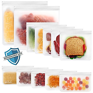 SPLF 12 Pack Dishwasher Safe Reusable Storage Bags (5 Sandwich Bags, 5 Snack Bags, 2 Gallon Bags), BPA Free Freezer Safe Leakproof Silicone and Plastic Free Lunch Bags Food Storage