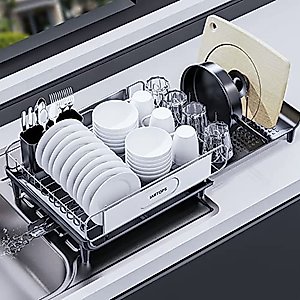 IARTOPS Dish Drying Rack, Dish Rack for Kitchen Counter, Expandable Stainless Steel Dish Strainer with Drainboard, Large Capacity Dish Drainer with Glass Holder, Utensil Holder