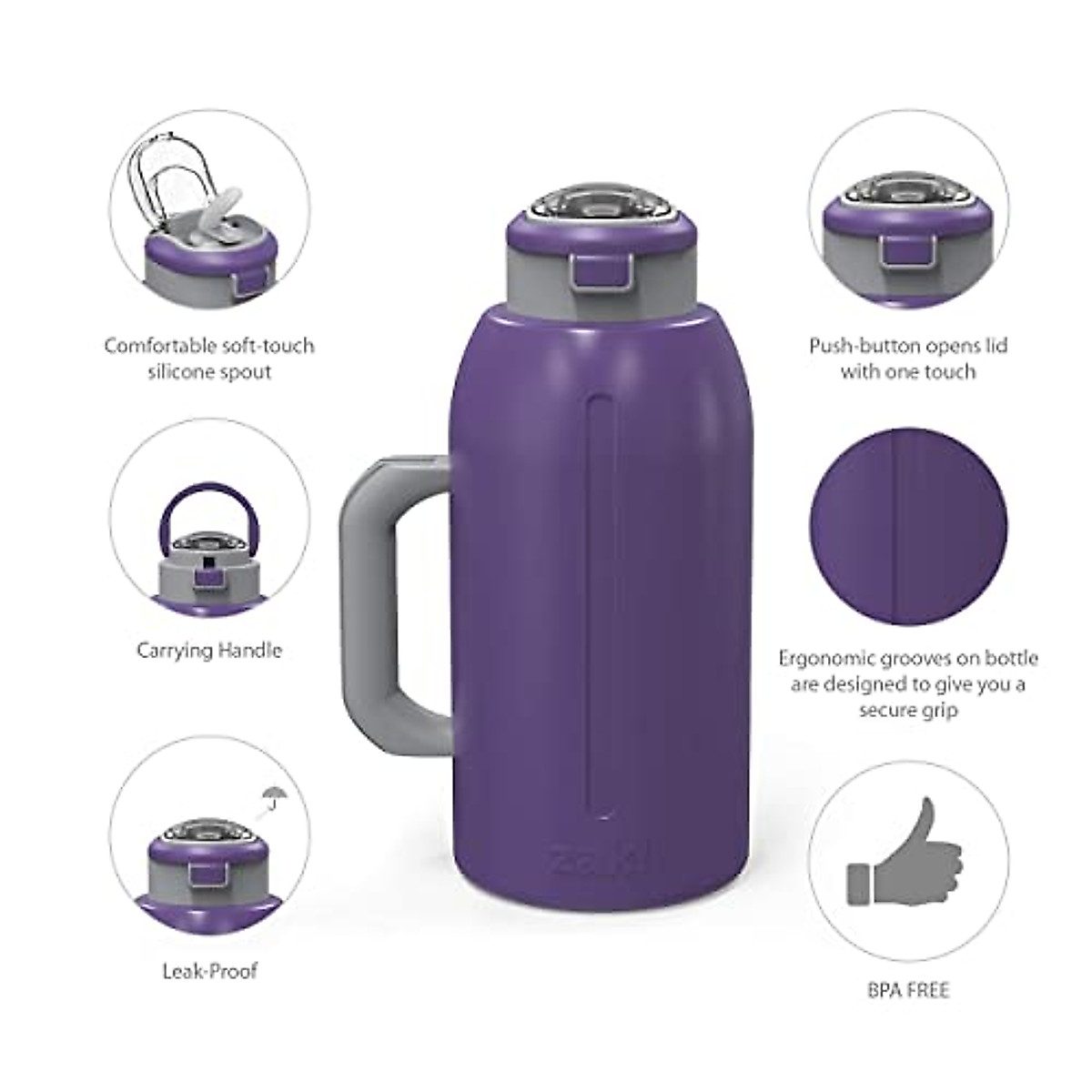 Zak Designs 64oz Genesis Double-Wall Vacuum-Insulated Stainless Steel Water Bottle with Easy-Open Button Lid and Built-In Carry Handle, Leak-Proof Design (64oz, Viola)