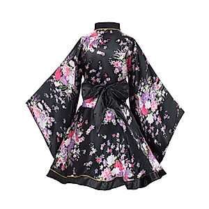 Japanese Anime Women's Dance Kimono Robe Fancy Dress Yukata Silk Folding Fans Tabi Hairstick Socks Set Black Large