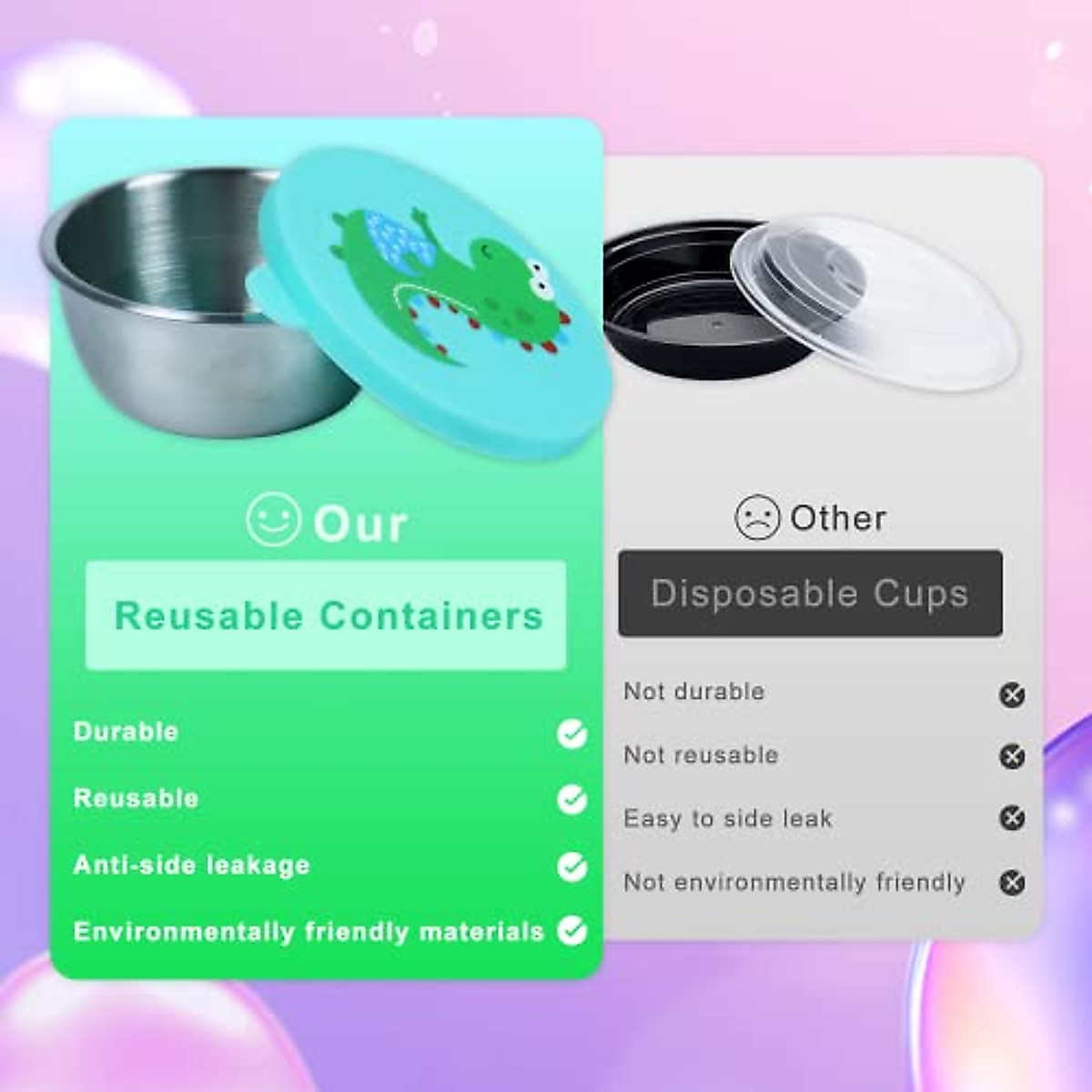 Medxin Salad Dressing Containers To Go, Lightweight Stainless Steel Condiment Containers with Dinosaurs Cartoon Leak Proof Silicone Lids, Reusable Snack Containers [6 PCS]