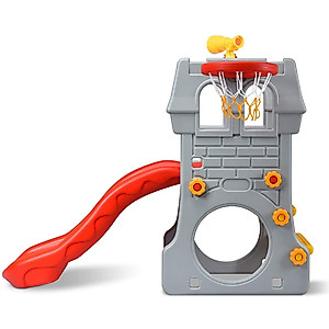 GLACER Toddler Slide, 5 in 1 Kids Climber Slide Playset w/Basketball Hoop, Telescope, Crawl Through Space, Easy Climb Stairs, Freestanding Slide Toddler Playground for Indoor and Outdoor