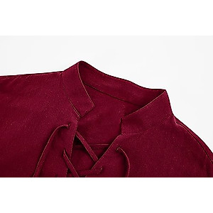 Karlywindow Mens Medieval Pirate Shirt Retro Renaissance Viking Long Sleeve Lace Up Mercenary Halloween Scottish Tops Wine Red