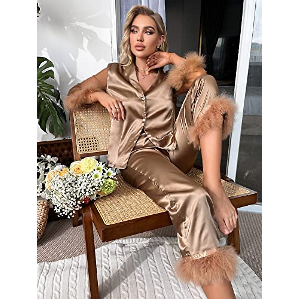 WDIRARA Women's Satin Fuzzy Trim Mesh Long Sleeve Button Down Pajamas Pants Set Sleepwear Mocha Brown S