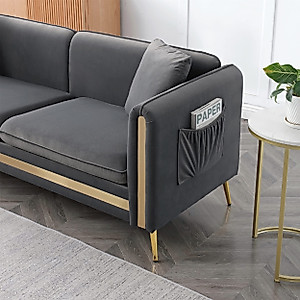 HABITRIO 59" Solid Wood Frame Grey Velvet Upholstered Chesterfield Design Loveseat Sofa Couch with 2 Pillows, Gold Metal Leg, Removable Cushion, Left Side Pocket, Fit for Living Room, Bedroom