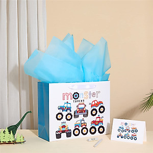 SUNCOLOR 13" Large Gift Bag with Tissue Paper for Boys (Monster Truck)