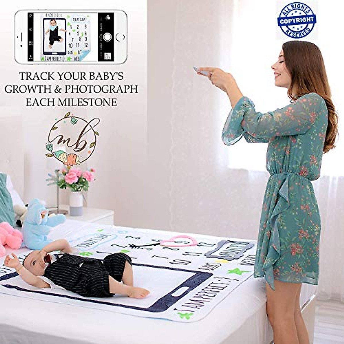 MeBlanky Baby Milestone Blanket-3X Fluffier Newborn Monthly Milestone Blanket-2in1-Swaddle ?n? Photo - 47?x47? Super Soft Fleece First Year Baby Blanket-Blue Photo Blanket for Baby Boys or Girls