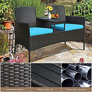 HAPPYGRILL Outdoor Rattan Loveseat Set Patio Wicker Conversation Set with Removable Cushions, Wicker Sofa Furniture Set with Coffee Table for Garden Lawn Backyard