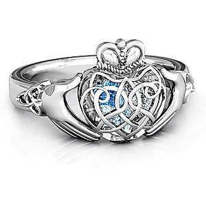 YUOTO Claddagh Rings For Women,Birthstone Rings Sterling Silver Personalized Name,Caged Locket Heart Irish Rings Engraved Bands With Names For Teen Girls Women Love Wedding