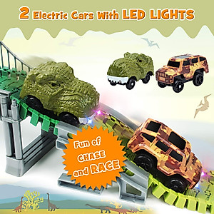 Dinosaur Track Toys, 200+ Pcs Create A Dinosaur World Road Race, Flexible Track Playset with 1 Dinosaur Car,1 Race Car,8 Dinosaurs for 3 4 5 6 Year & Up Old Boys Girls Kids Toddlers Great Gift