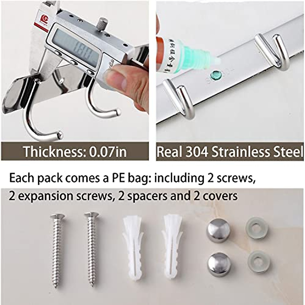 RAYCLOUD Hook Rack Wall Mounted 2 Pack, Heavy Duty Coat Hooks 304 Stainless Steel Metal Hook Hardware Rail for Coat Hat Towel Purse Key