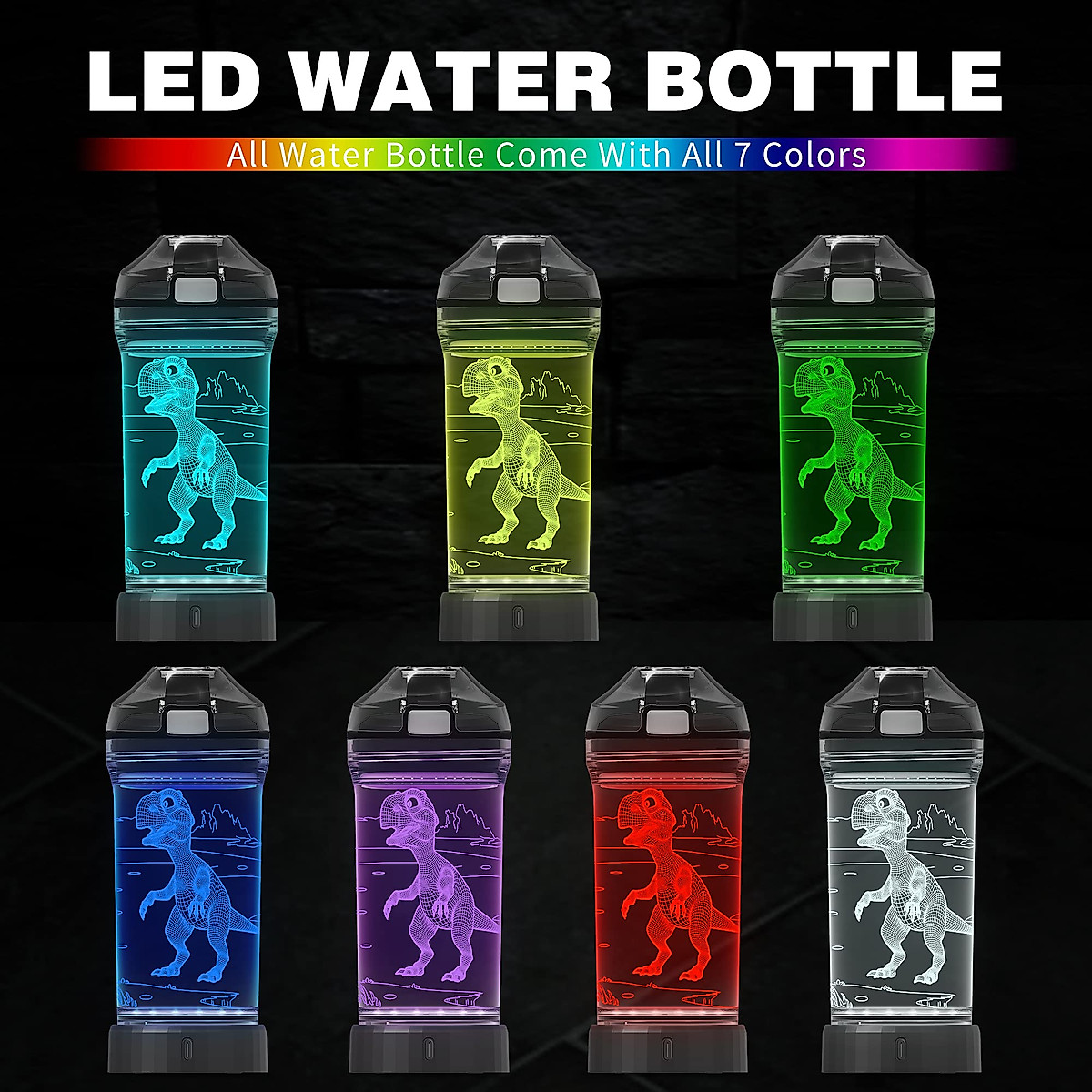 YuanDian Dinosaur Gifts, Light Up Boy Water Bottle with 3D Dino T Rex Design- 14 OZ Tritan BPA Free Eco-Friendly - Cool Drinking Cups Gift for School Kids Boy Girl Child Dinosauria Lovers