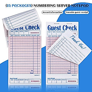 Rcybeo Guest Check Pads (15 Pack) Numbered Server Note Pads, Waitress Order Notepad, Food Receipt Book, 50 Checks Per Pad-Total 750 Restaurant Checks, Waitress Accessories
