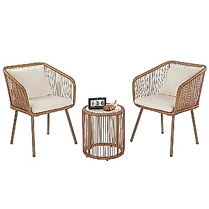 3-Piece Outdoor PE Rattan Bistro Furniture Set Patio Rattan Conversation Set Patio Furniture Set Glass Coffee Table Top and 2 Chairs with Cushions Lumbar Pillows for Yard Garden Porch Bistro, White