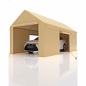 DEXSO Carport 10'x20' Heavy Duty Steel Canopy Height Adjustable & Portable Garage with Roll-up Ventilated Side Doors for Truck Boat Car Port, Party, Equipment Placement, Straw