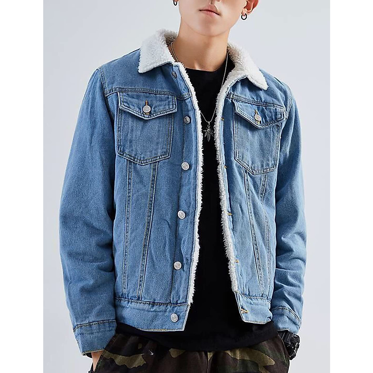 Springrain Men's Sherpa Fleece Lined Denim Jacket Warm Winter Trucker Jacket Cowboy Jean Jacket(LightBlue-M)