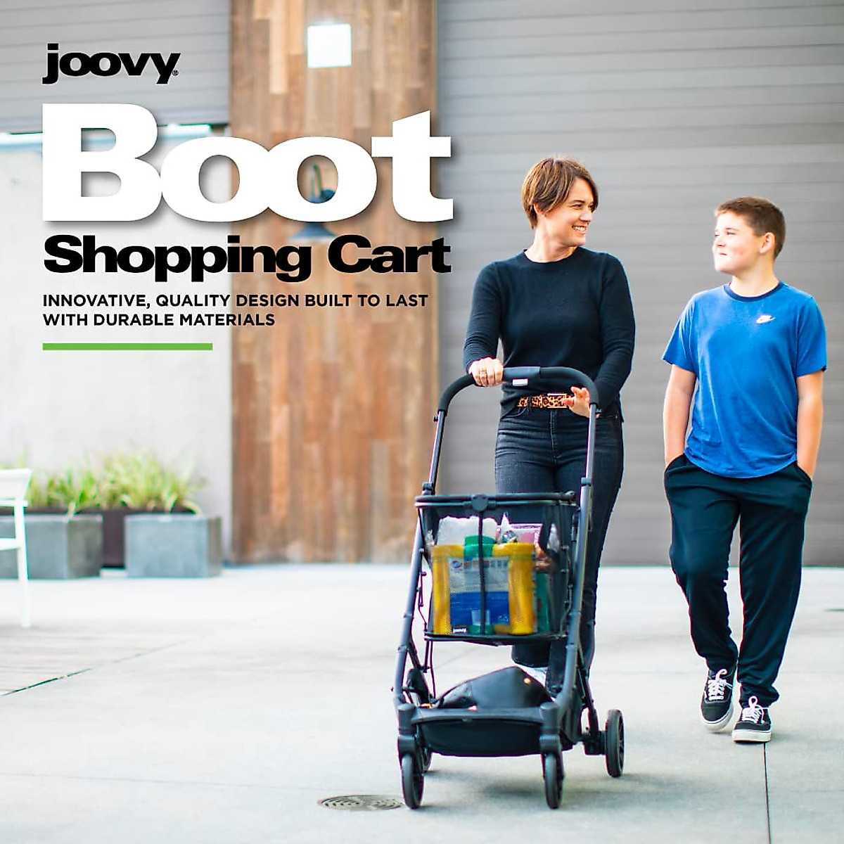 Joovy Boot Shopping Cart Featuring 70 lbs Total Weight Capacity, Stylish Removable Tote, Swivel Tires for Easy Steering, One-Handed Compact Fold, and One-Step Parking Brake (Black Frame)