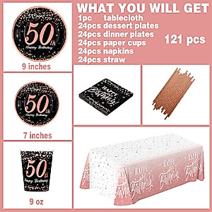 50th birthday decorations for women - (Total 121pcs) rose gold Birthday supplies Plates and Napkins, Cups, Straws, tablecloth, Disposable Tableware for 24 Guests