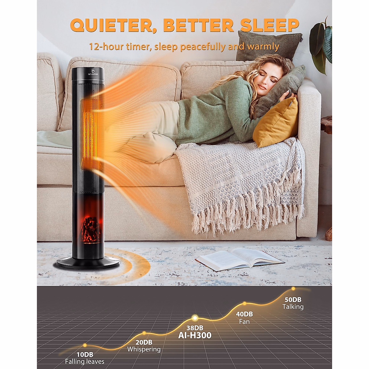 Space Heater Indoor, Airvention 1500W 34" Electric Heater for Large Room, 4 Modes,12H Timer, PTC Ceramic Heating with Thermostat, Remote, Portable Tower Heater for Office, Bathroom, Bedroom,AI-H300