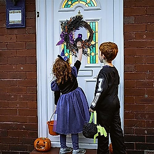 22 Inch Halloween Wreaths for Front Door, Halloween Owl Wreath with Lighted Eyes, Prelit Black Halloween Wreath with Artificial Roses Willow Leaves Ribbon for Halloween Indoor Outdoor Home Decor