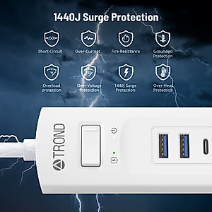 TROND 5 Widely Spaced Outlets with 3 USB Ports(1 USB C)+TROND Bluetooth 5.2 Transmitter Receiver, 2-in-1 Bluetooth Adapter for TV to Airpods or Wireless Headphones, Low Latency