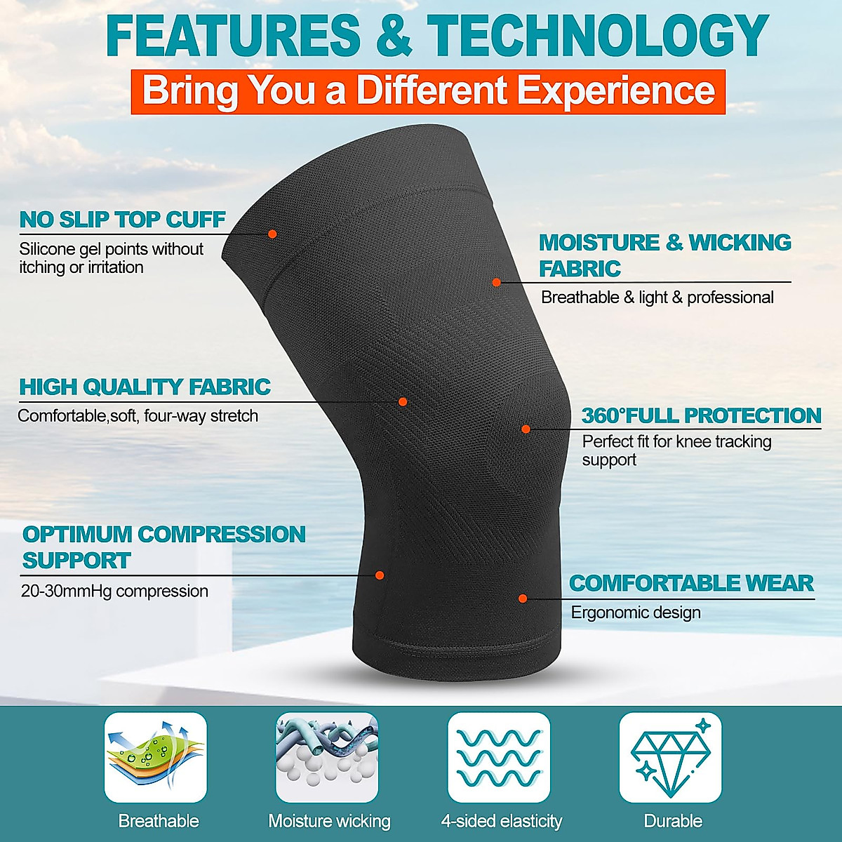 Knee Compression Sleeves, 1 Pair, Can Be Worn Under Pants, 20-30mmHg Strong Support Knee Brace for Unisex, Knee Support for Meniscus Tear, Arthritis, Pain Relief, Injury Recovery, Daily Wear,Black 3XL