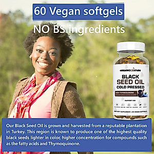 ORGANICS NATURE Black Seed Oil Capsules 1000MG Vegan Softgels, for Hair & Skin, Heart Support, Nigella Sativa - 100% Cold Pressed Cumin Seed Oil Capsules High Thymoquinone, Omega 3s