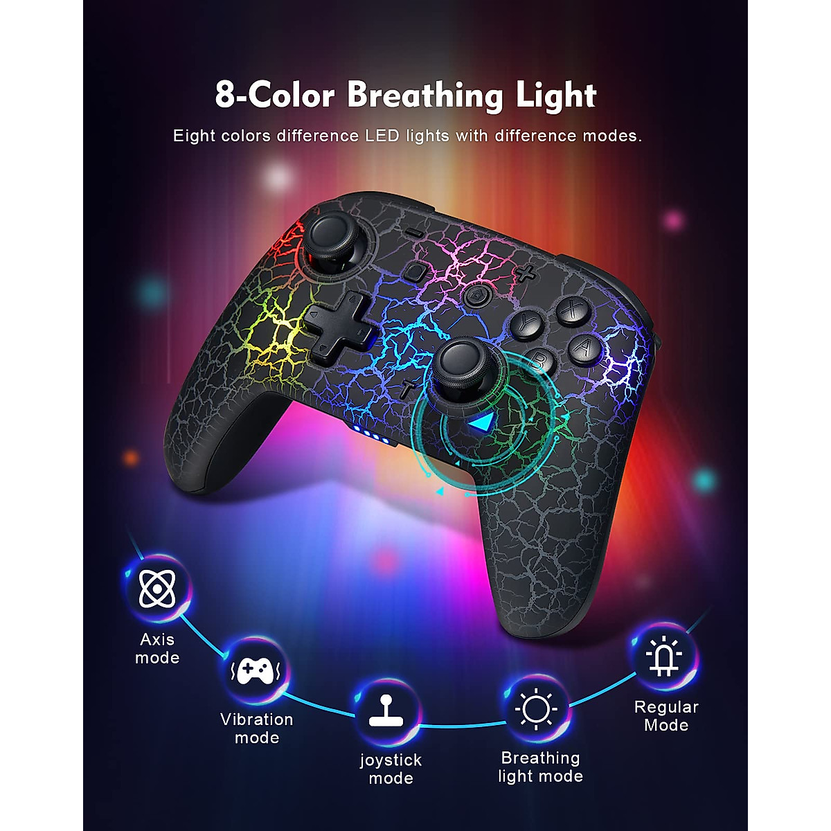 Switch Controller, Wireless Switch Pro Controller for Switch/Switch Lite/Switch OLED, 8 Colors Adjustable LED Wireless Remote Gamepad with Unique Crack/Turbo/Motion Control (Black)