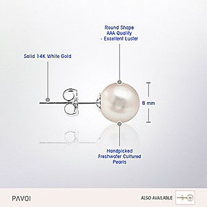 PAVOI Handpicked AAA+ 14K White Gold Plated Sterling Silver Round White Freshwater Cultured Pearl Earrings | Pearl Earrings for Women - 8mm