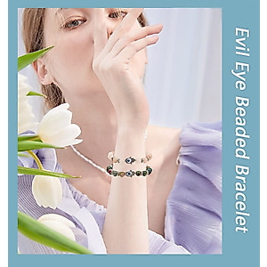 FINZOR 10Pcs Evil Eye Charm Beaded Bracelets for Women Men Semi-Precious Gemstones Bracelets Crystal Bracelet Hamsa Hand of Fatima Turkish Evil Eye Lucky Bracelet for Protection Blessing