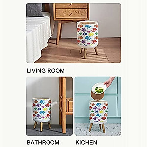 Small Trash Can with Lid Paw Seamless colored silhouettes of paw cats feet dogs footprint Garbage Bin Wood Waste Bin Press Cover Round Wastebasket for Bathroom Bedroom Kitchen 7L/1.8 Gallon