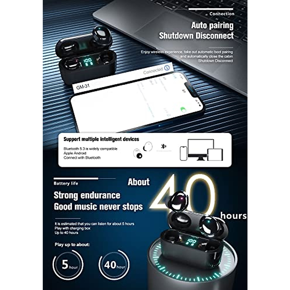 RISTARWH Bluetooth Earbuds V5.3 Headphones Ture Wireless Earphones, IPX7 Waterproof in-Ear Headsets, Built-in Mic in-Ear Headsets Deep Bass for Sport/Gaming/Workout