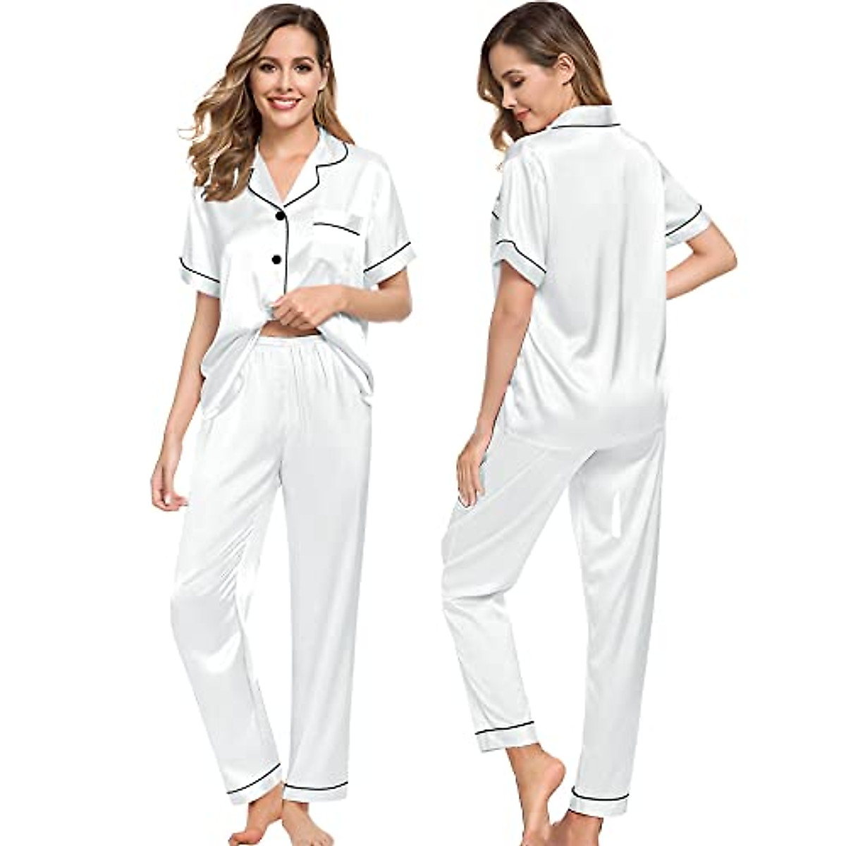SWOMOG Women Satin Pjs Short Sleeve Silk Two-Piece- Sleepwear Classic Button-Down Casual Loose Pajama Set for Women White