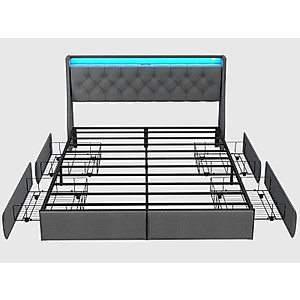 SADENICEL Full Size Bed Frame with Storage Headboard and 4 Drawer, Metal Full Bed Frame Platform with LED Light, Charging Station, No Box Spring Needed, Noise Free, Easy Assembly, Grey