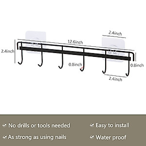 2 Pack Adhesive Wall Hooks Rack Kitchen Rail, Space Saving Heavy Duty Wall Hooks Hanger with 6 Hooks for Kitchen Bathroom Bedroom Closet, Kitchen Utensil for Hanging Knives, Spoon, Towel (Black)