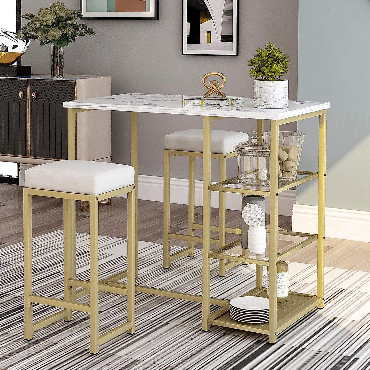 Tiophome Dining Modern Faux Marble Countertop Stools/Storage Shelves, Breakfast Table Chair Home Kitchen Bistro, Living Room Furniture (White/Gold), 3-Piece Bar Pub Set